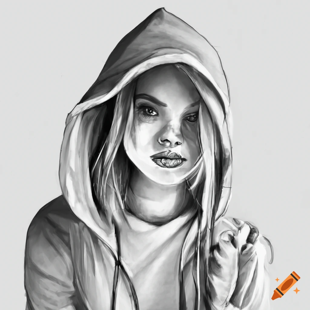 Pencil drawing of a college woman in a hooded sweatshirt on Craiyon