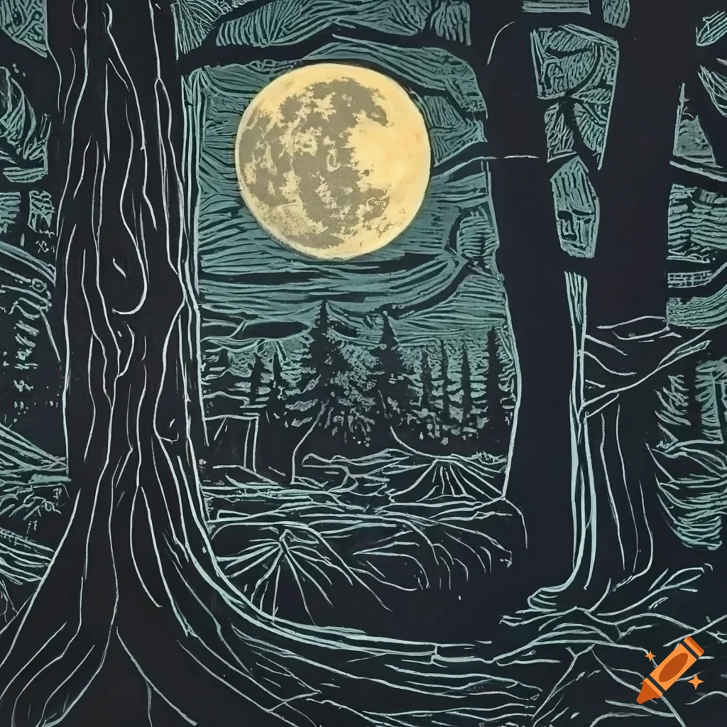 Woodland clearing at night with moon in a linocut style on Craiyon