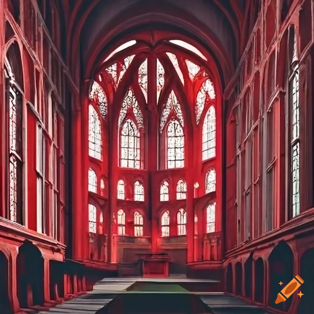 Run down church with deep red windows on Craiyon