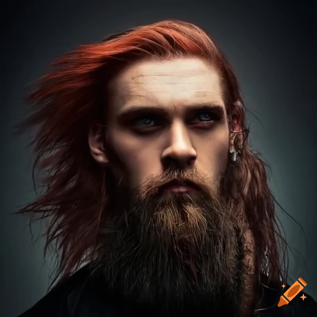 Portrait of a man with brown eyes, red mohawk hair, beard, and band t ...