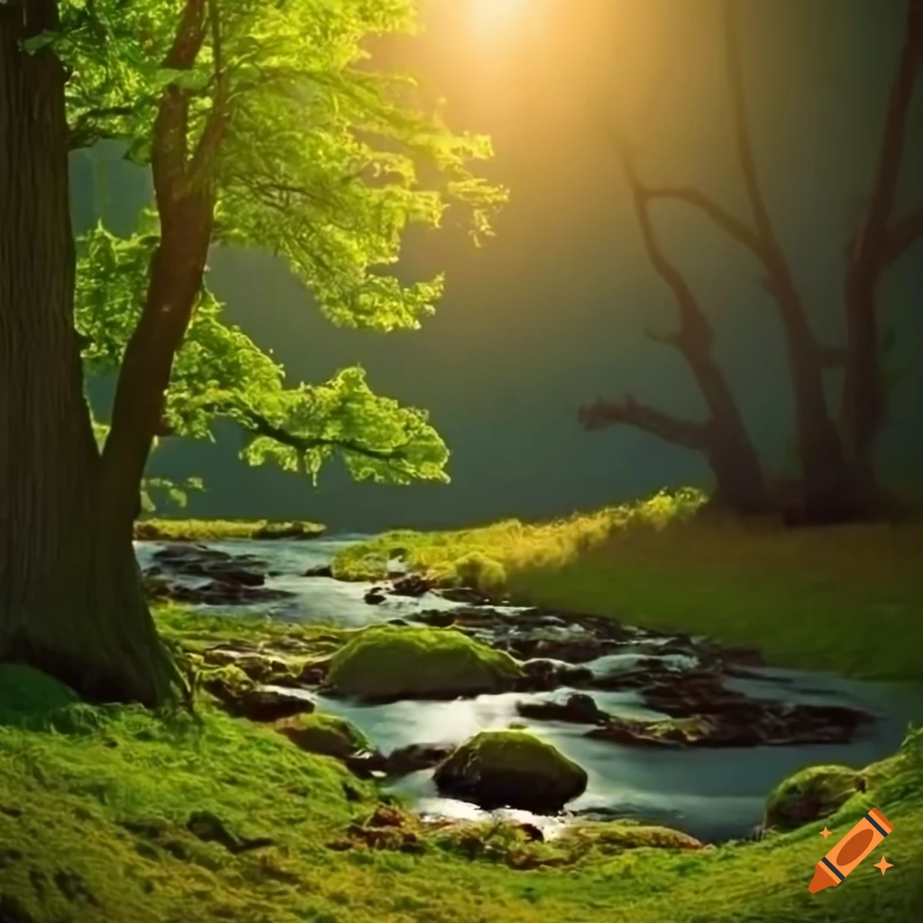 Thick oak tree on a hill next to a clear stream in the sunshine on Craiyon