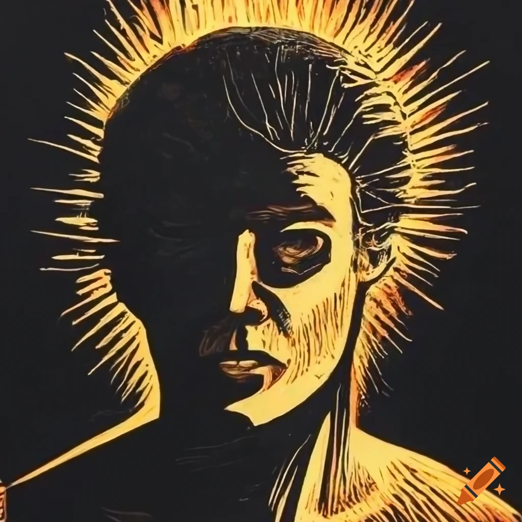 Man shining with radiant light in linocut art style on Craiyon