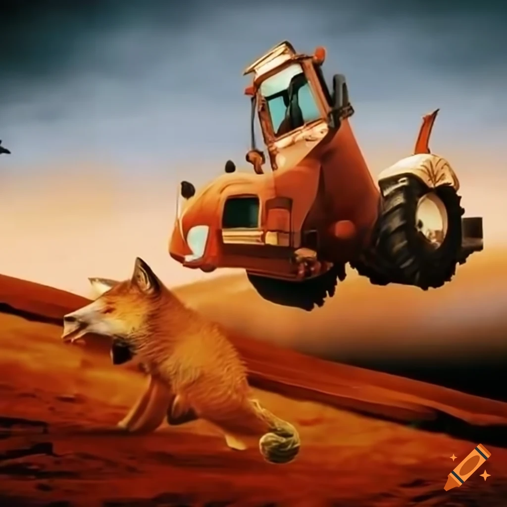Fox driving a tractor off a cliff on Craiyon