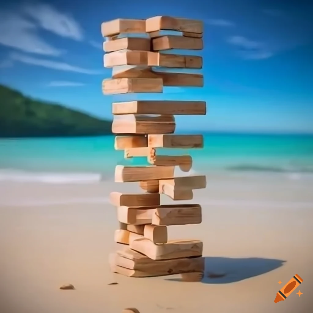 Serene beach with clear skies and a lively game of giant jenga on Craiyon