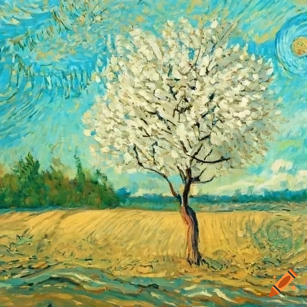 Blooming white dogwood tree in a van gogh style landscape on Craiyon