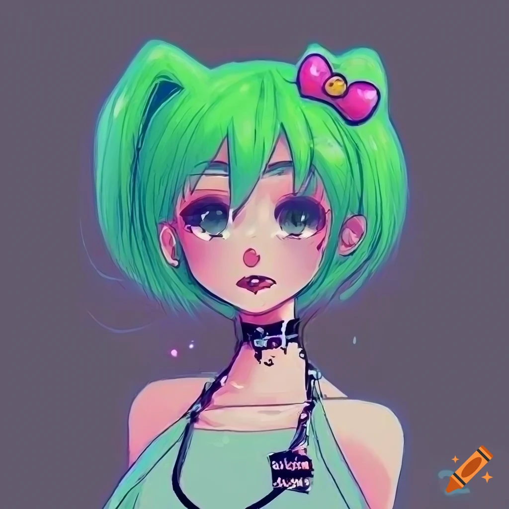 Kawaii manga style drawing of goth girl hello kitty with green and pink ...