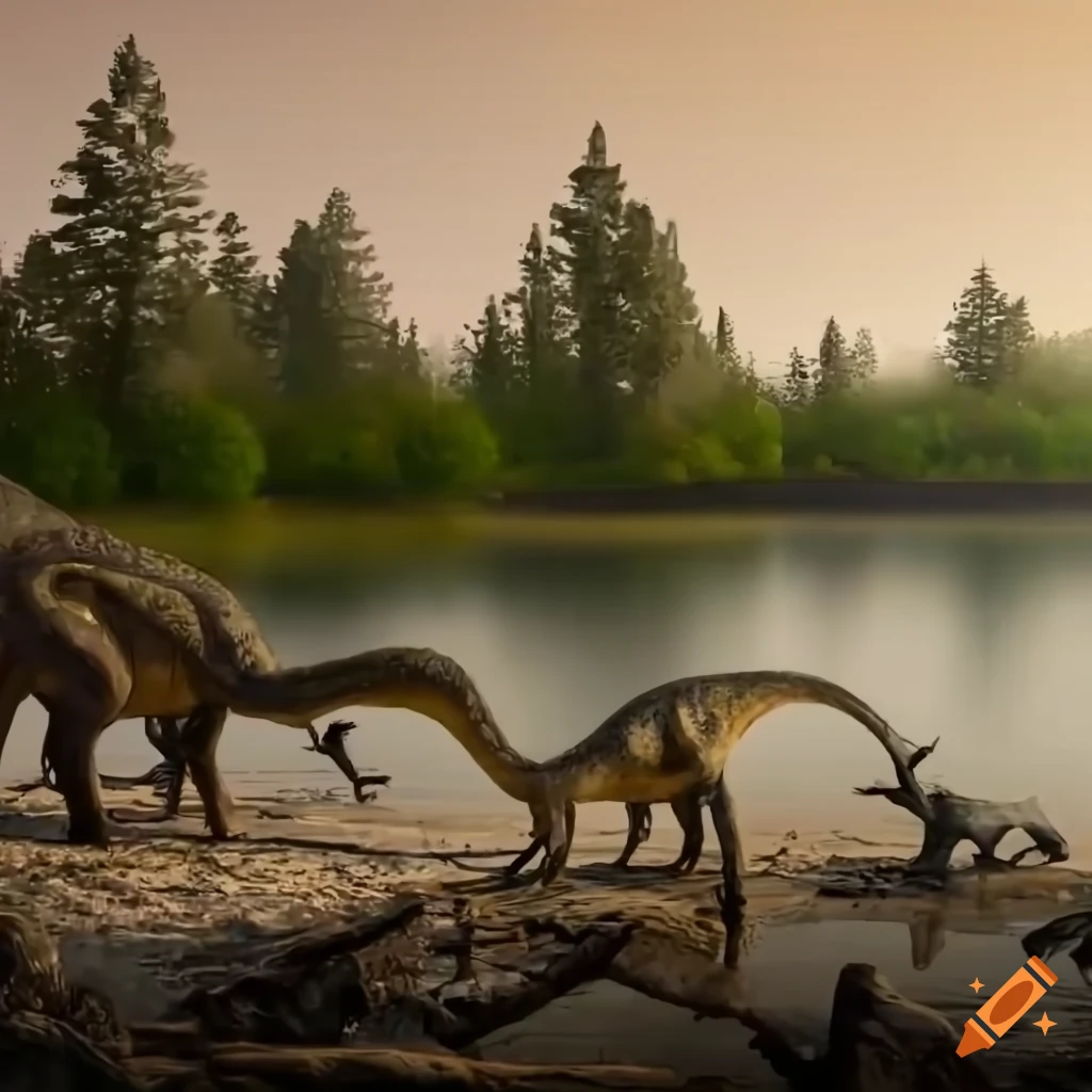 Group of walking Hadrosaurus dinosaurs by a lake in warm morning light ...