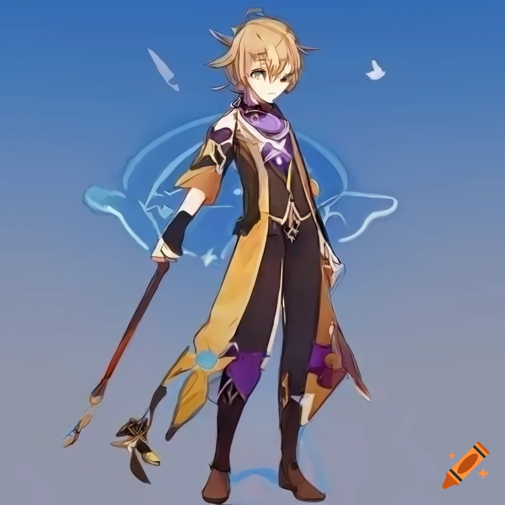 Genshin impact character with hydro theme and polearm, wearing yellow ...