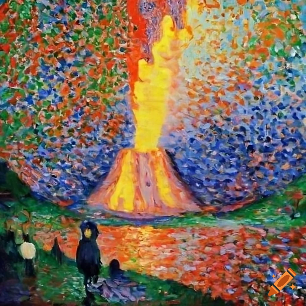 Peinture of a volcano in the impressionist style of seurat on Craiyon