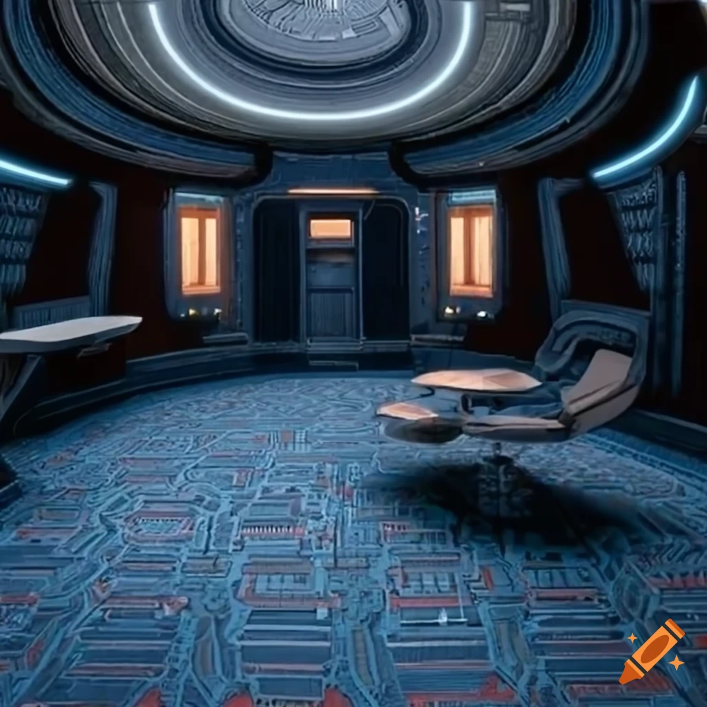 25th century Starfleet spacious starbase interior with visible offices ...