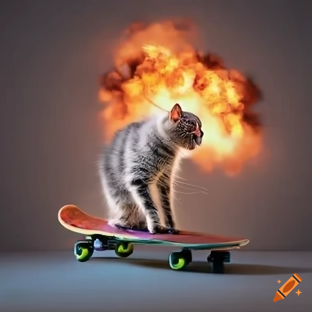 Cat skateboarding with an explosion in the background on Craiyon