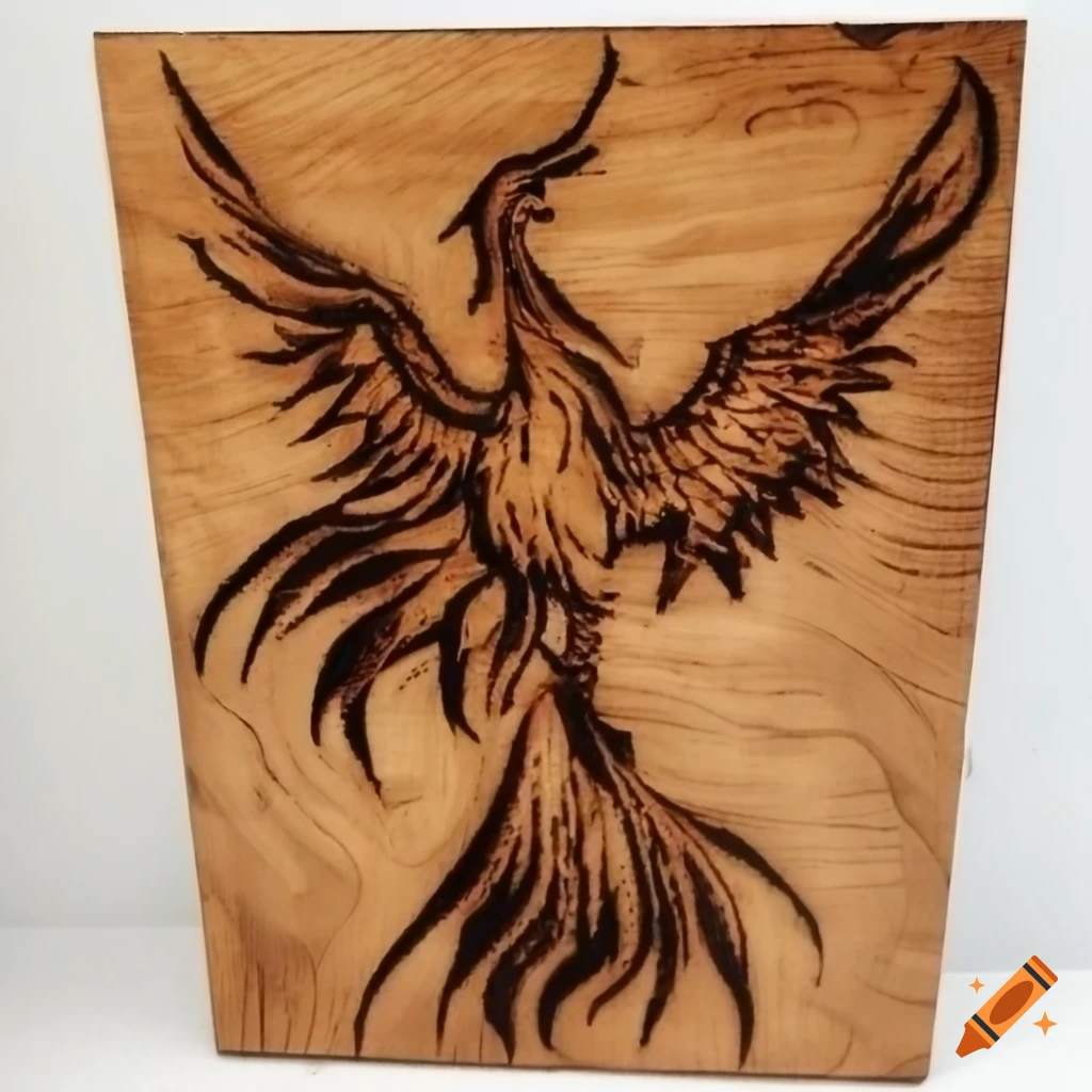 Phoenix artwork created through wood burning technique on Craiyon