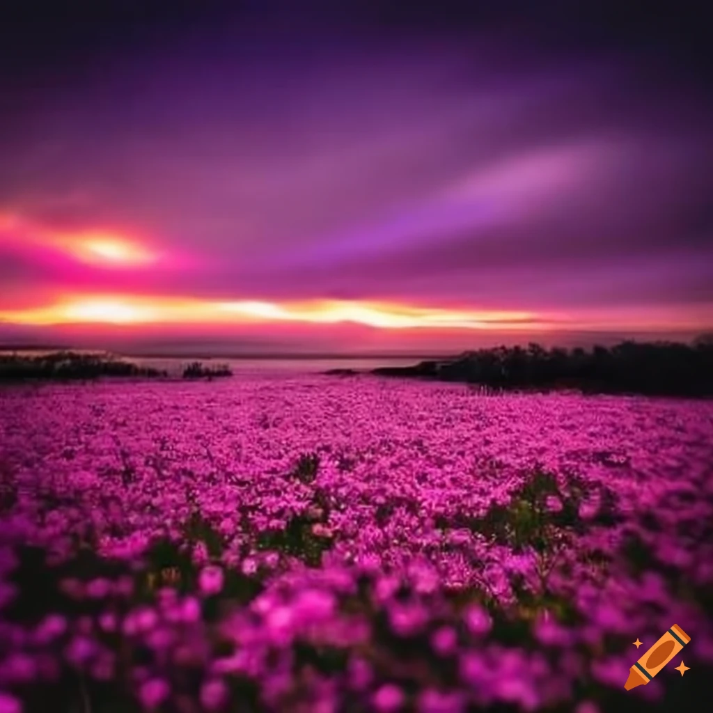 Field of pink flowers under overcast sky on Craiyon