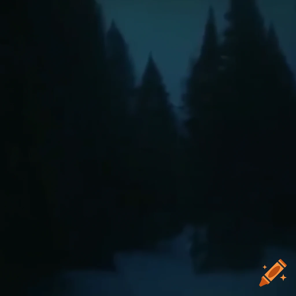 Vintage VHS footage of dark evening winter pine forest on Craiyon