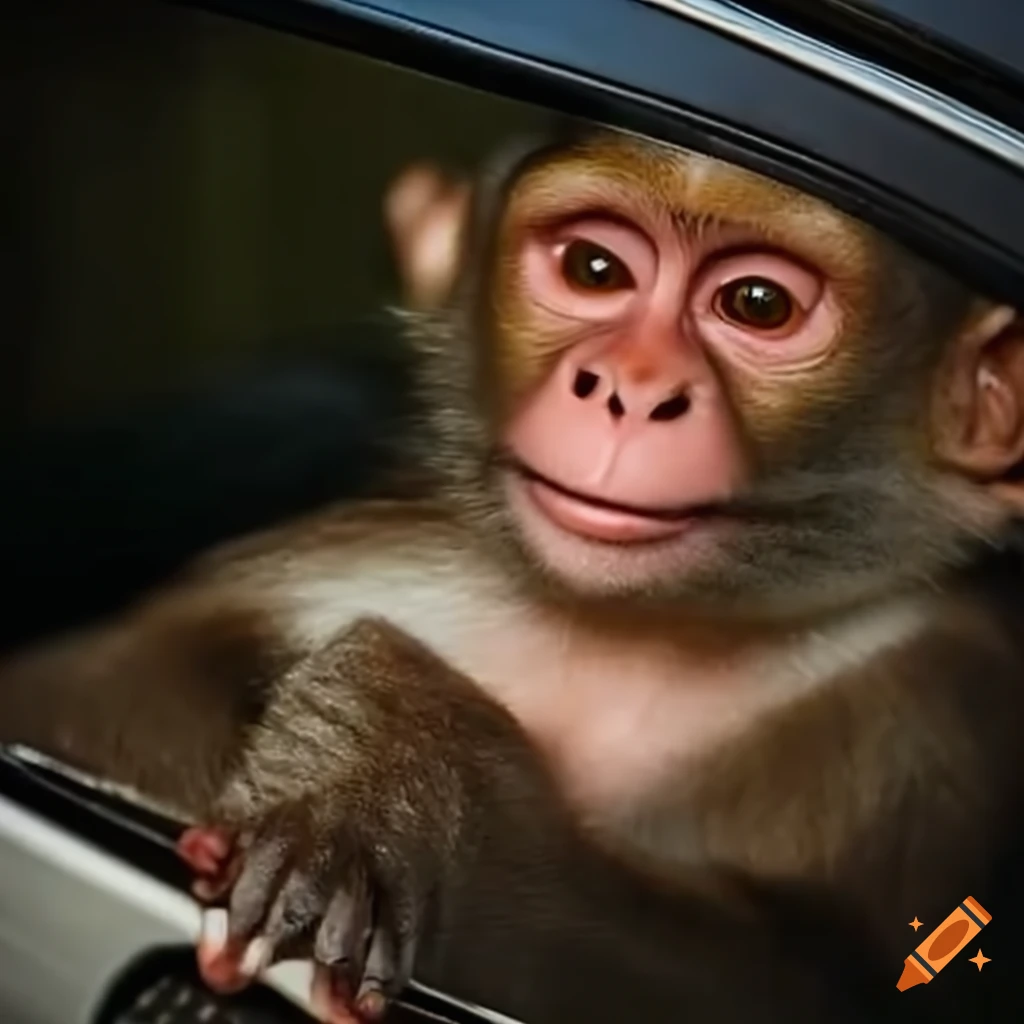 Happy monkey riding in a car on Craiyon