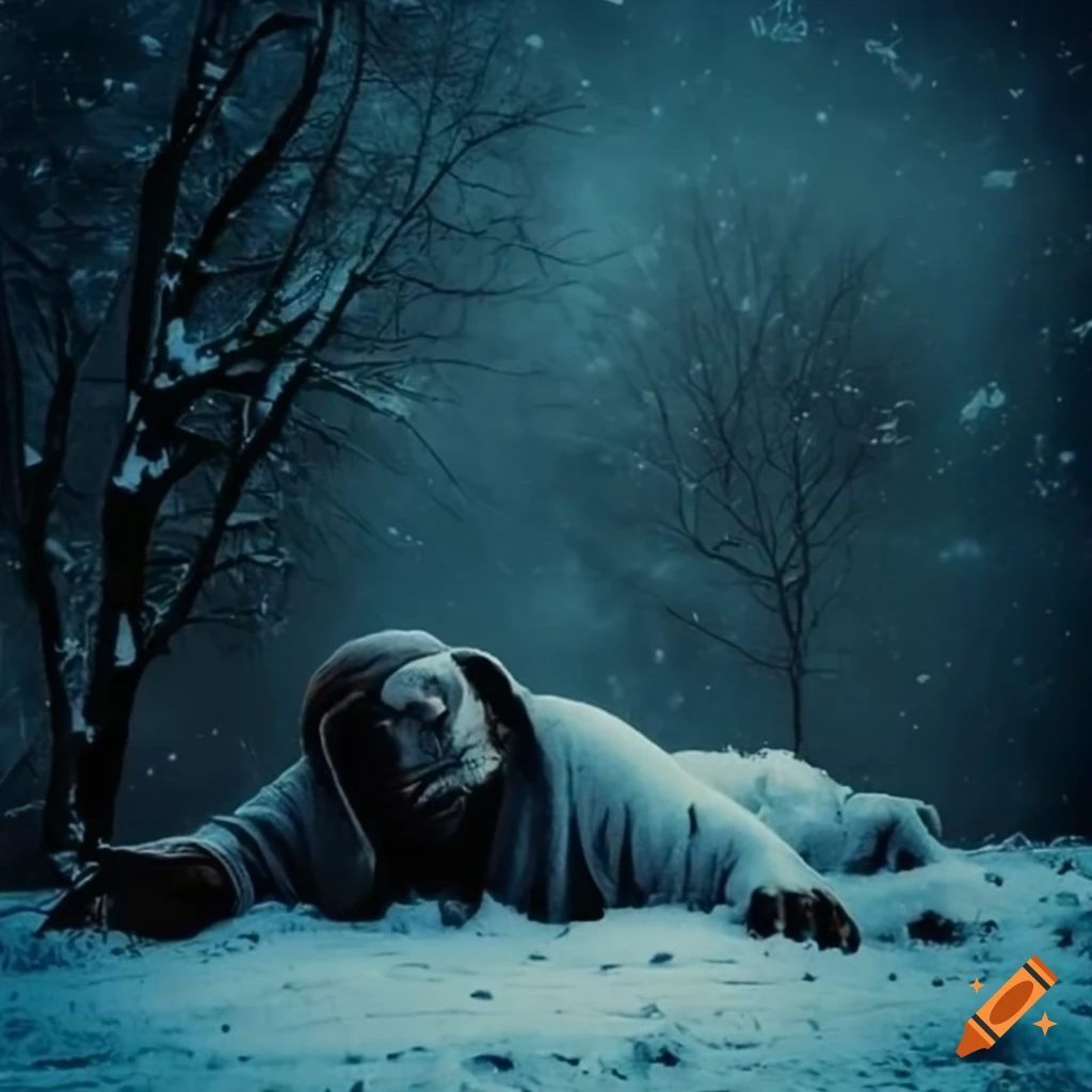 Vintage picture of a frozen dead man in the snow on Craiyon