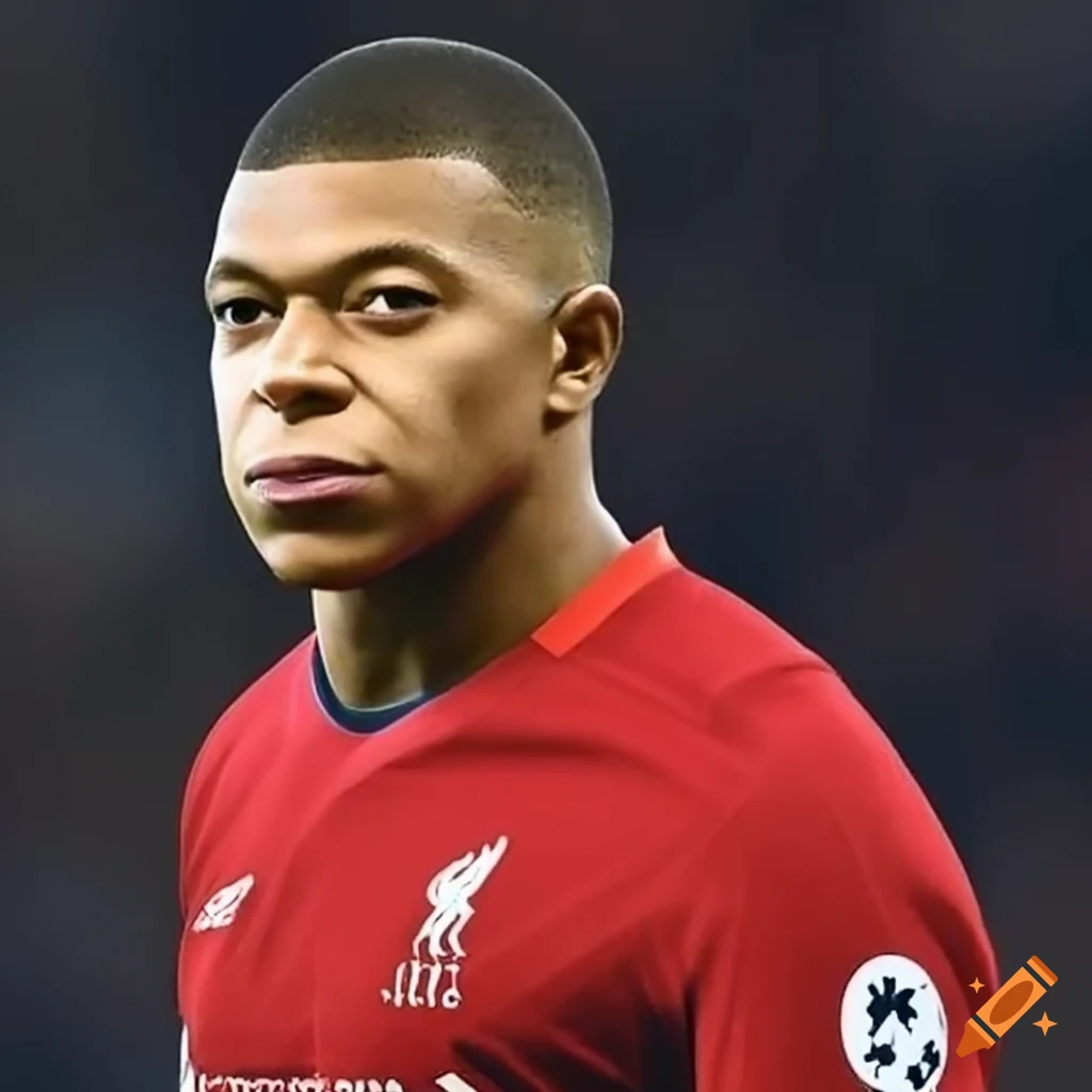 Realistic portrayal of mbappe in a liverpool jersey on Craiyon
