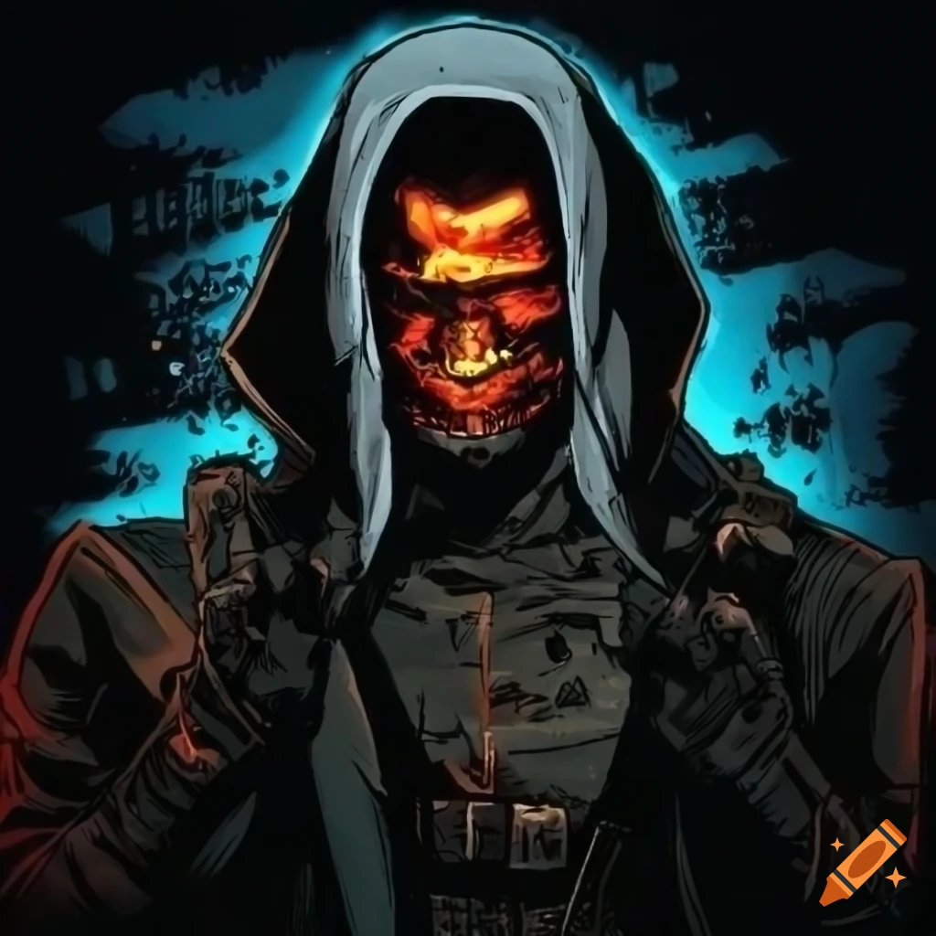 Comic illustration of a man in a burned mask with the costume of marvel ...