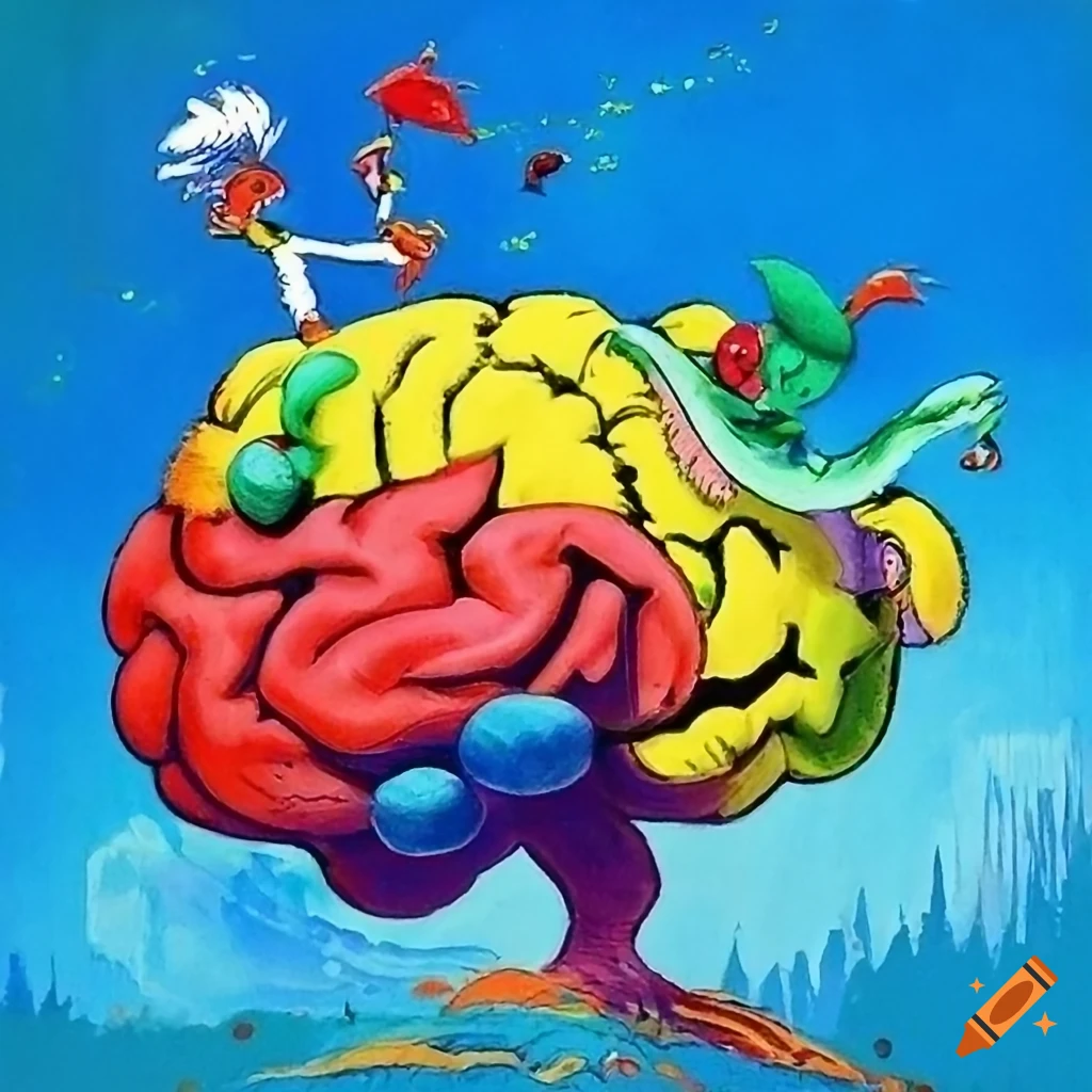 Colorful and humorous book illustration of the thinking brain in a ...