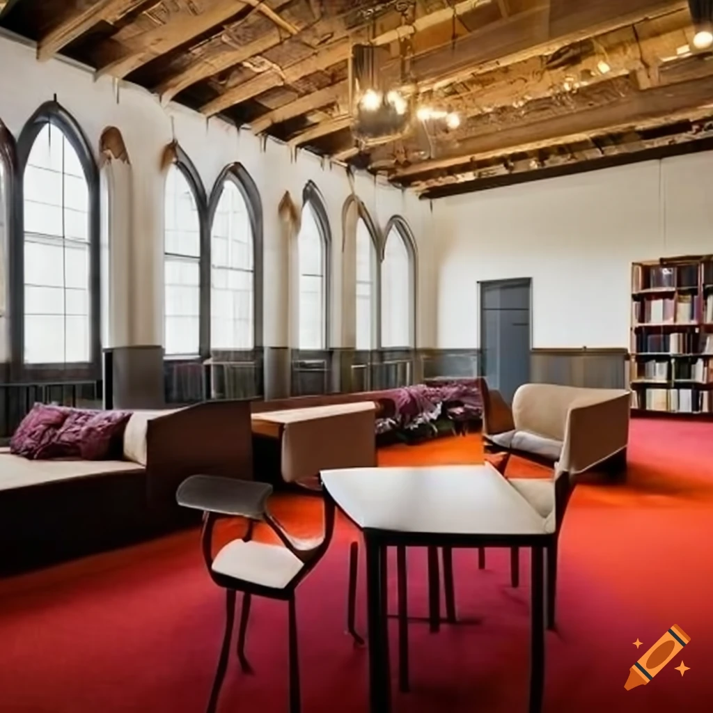 Modern seating area in a library on Craiyon