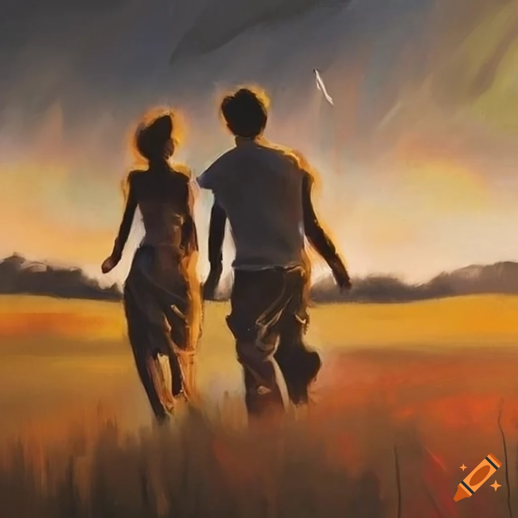 Couple running in a field in a romantic painting on Craiyon