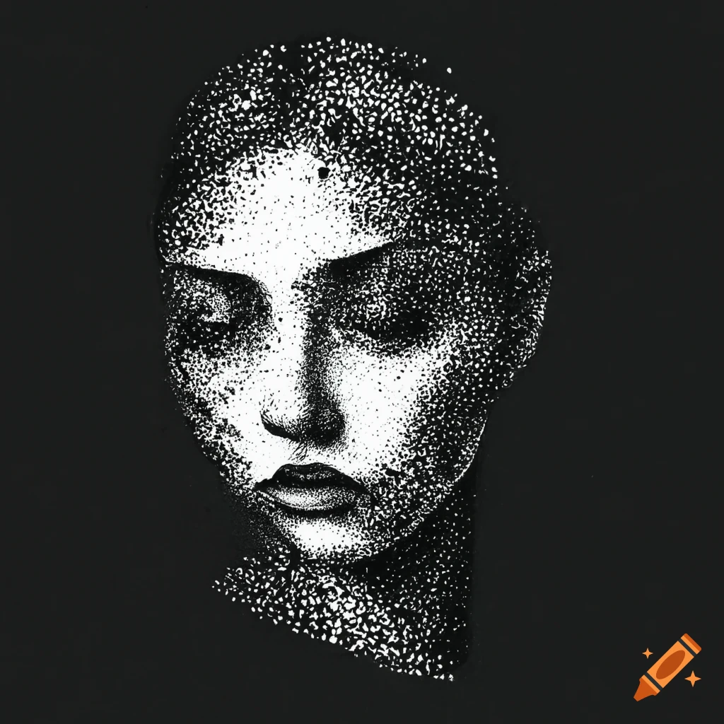 Ink stipple drawing of a tear-streaked woman's face with intricate details on Craiyon