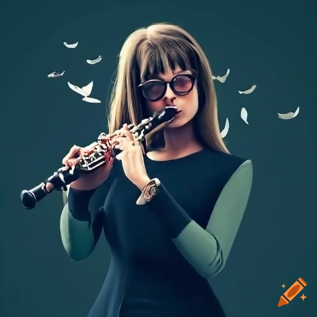 Elegant woman playing clarinet in the mountains with little birds on ...