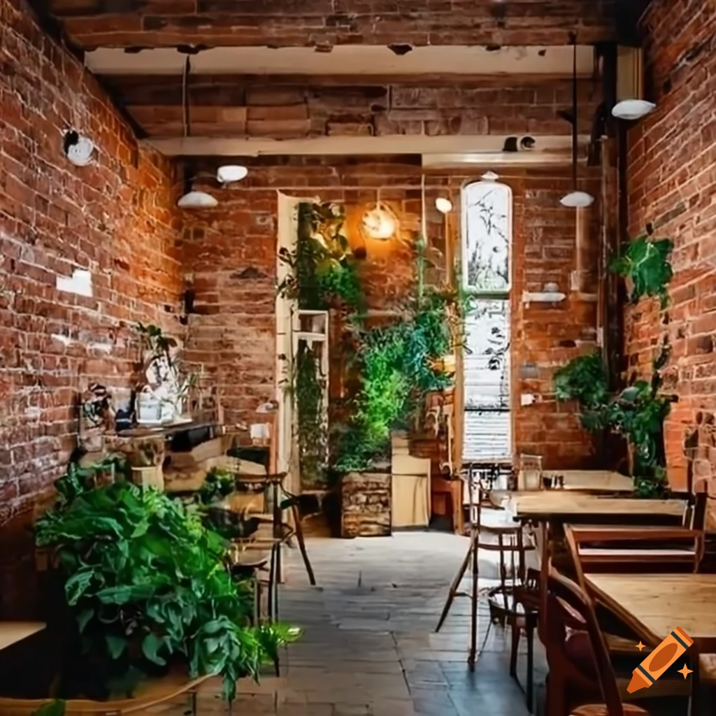 Organic coffee shop with exposed brick walls and greenery on Craiyon