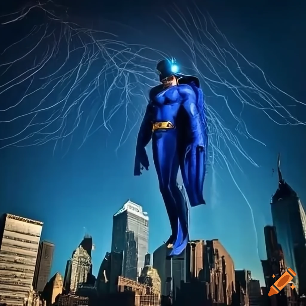 Electric Pulse, a superhero flying above New York after saving the ...