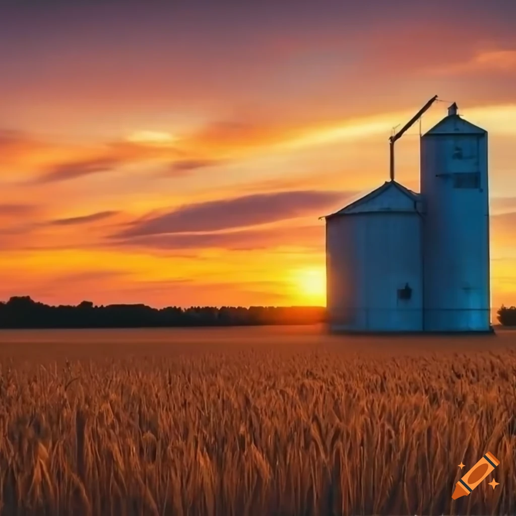 Beautiful grain silo in an open field at sunrise on Craiyon