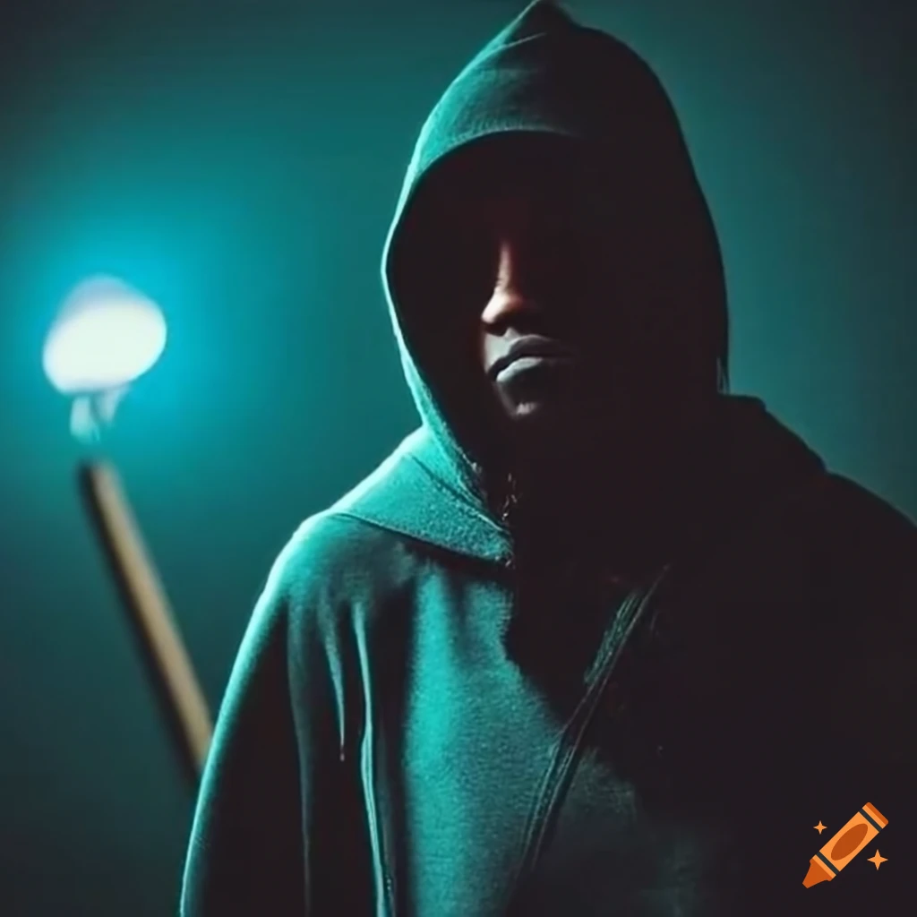 Man in a hoodie with dreadlocks under a streetlight at night on Craiyon