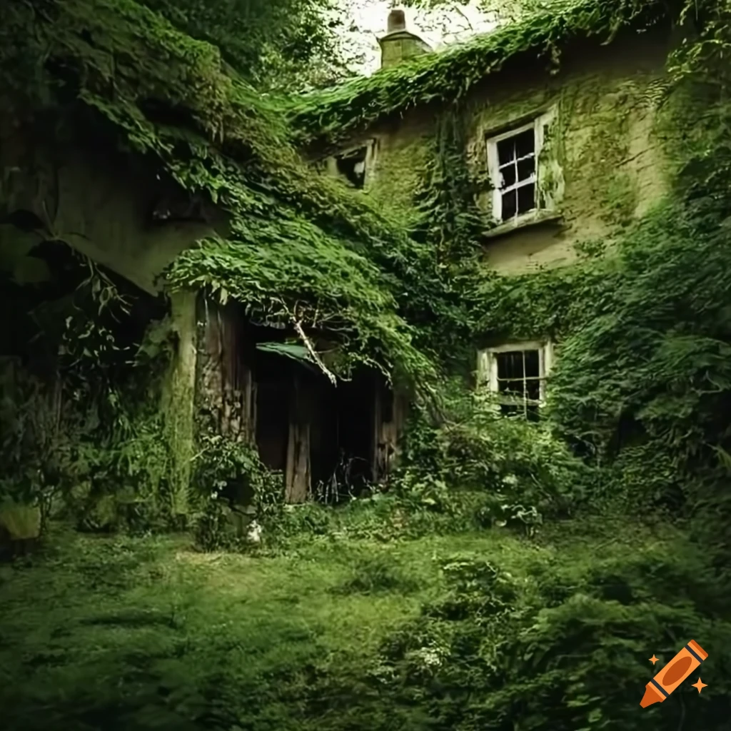Overgrown cottage in a rustic setting on Craiyon
