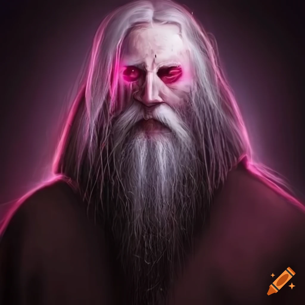 Wizard with glowing pink eyes and long white beard on Craiyon