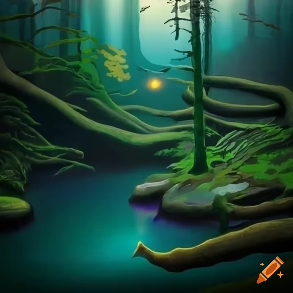 Enchanted saltwater mountain lake surrounded by an eerie forest during ...