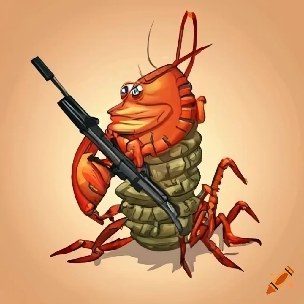 Cartoon shrimp in tactical gear on Craiyon