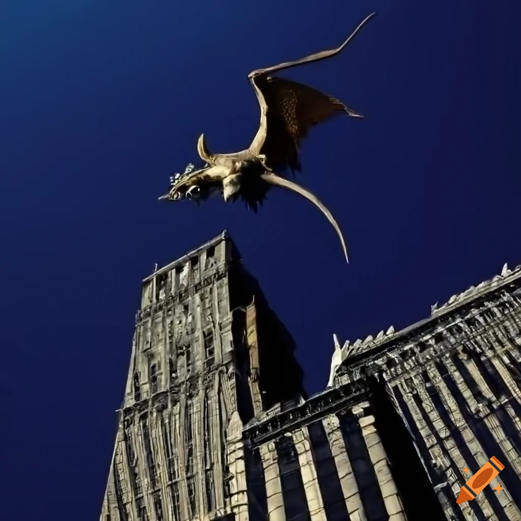 Dragon flying above a skyscraper in a highly detailed photorealistic ...