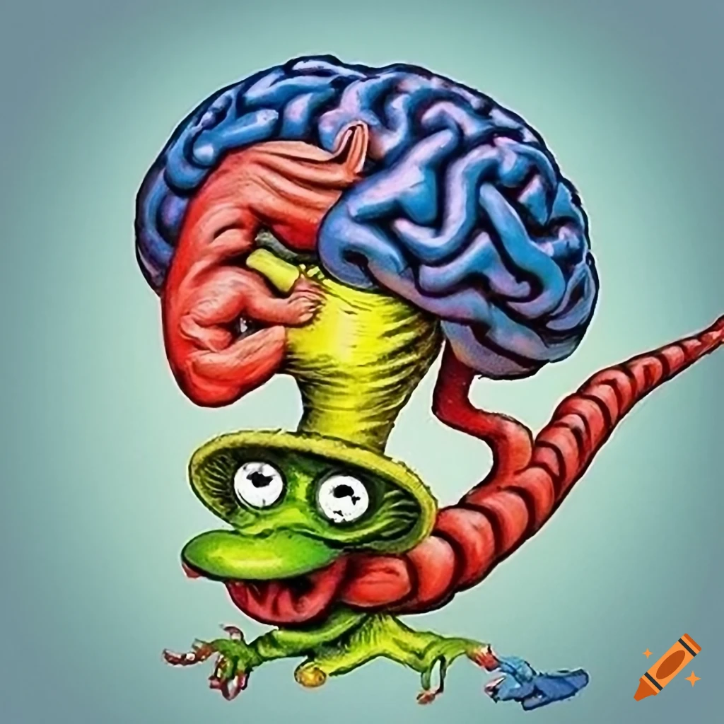 Colorful humorous book illustration of the reptilian brain on Craiyon