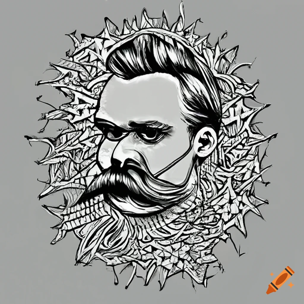 Nietzsche head inside a chaos star high definition symbol badge on Craiyon