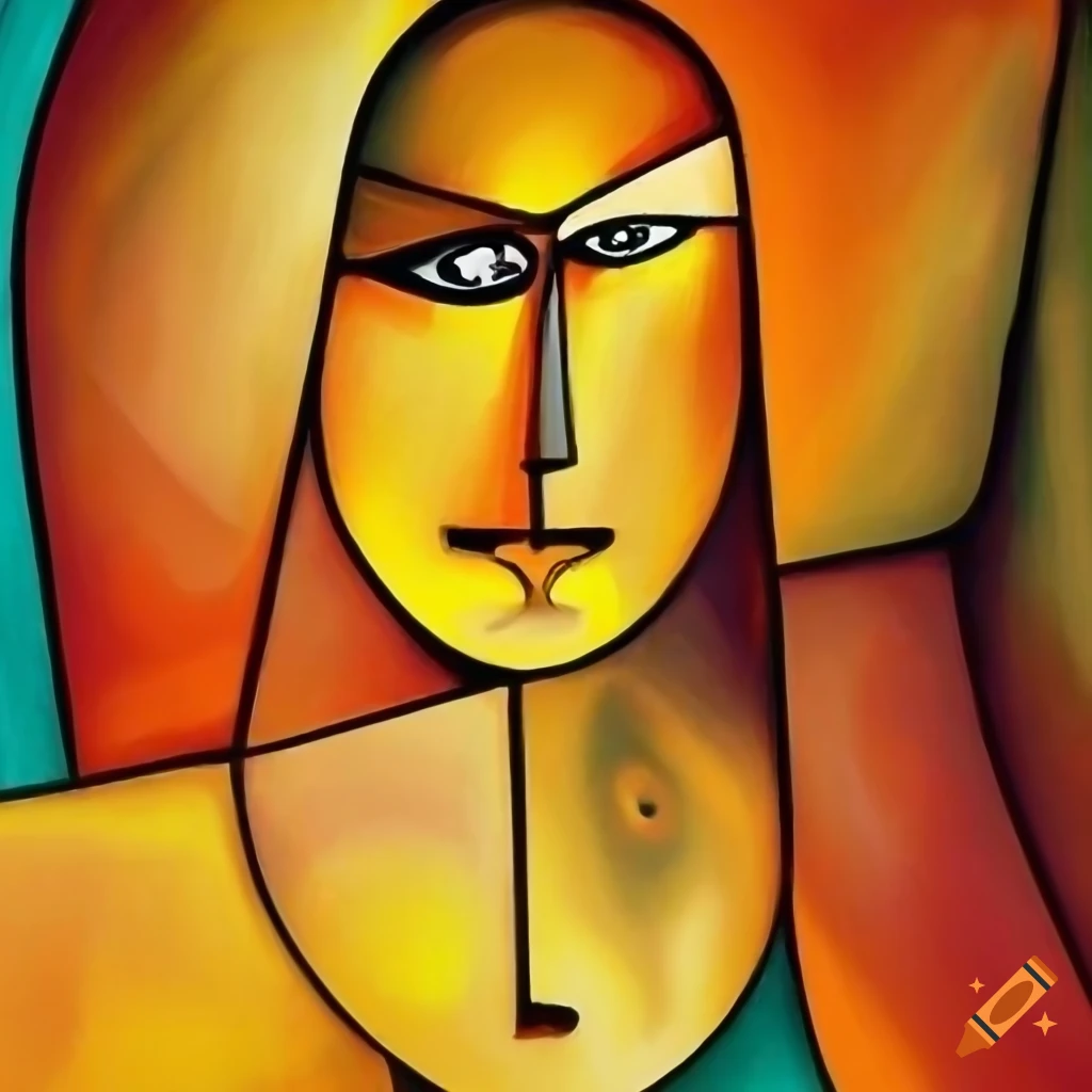 Abstract cubism artwork with orange and yellow faces on Craiyon