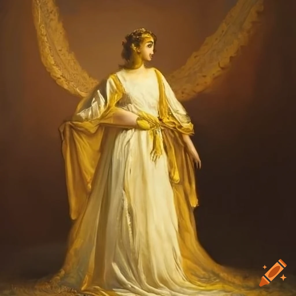Gustave doré style painting of a radiant woman in white and gold robes ...