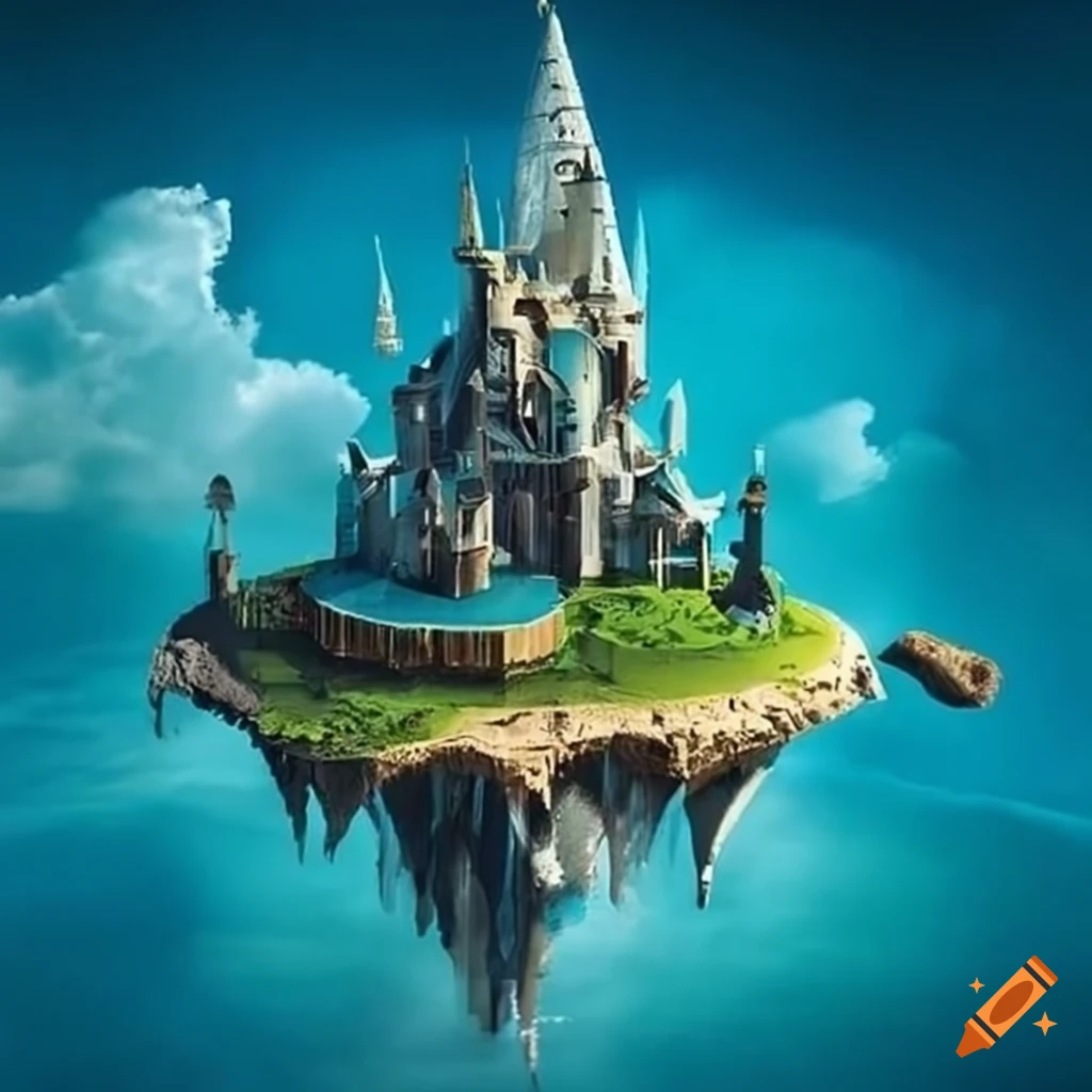 Enchanting floating island with whimsical wizard towers over crystal ...