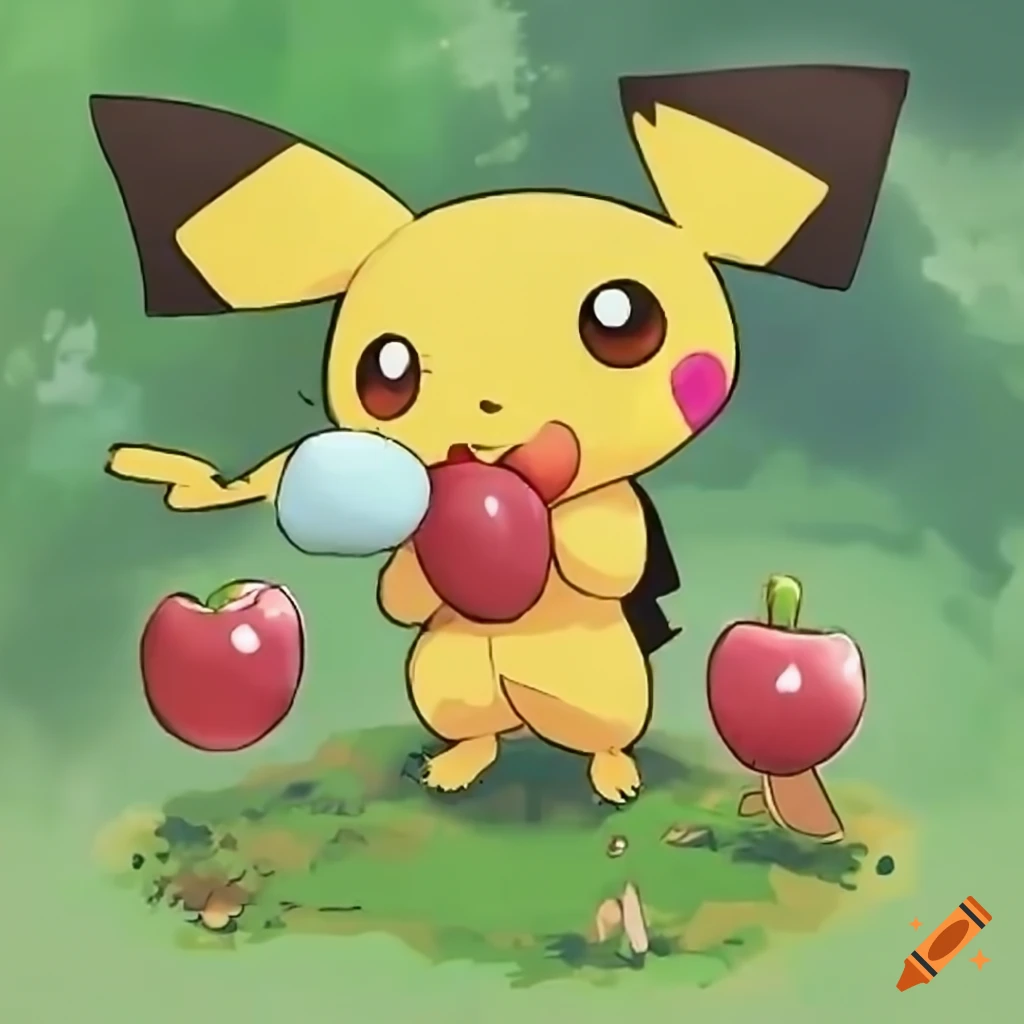 Cute pichu happily eating an apple in the forest on Craiyon