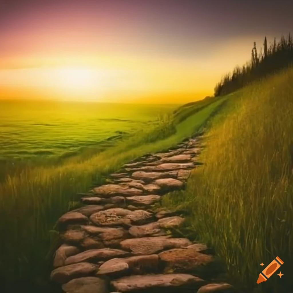 Stone path over a small hill between meadows at sunrise on Craiyon