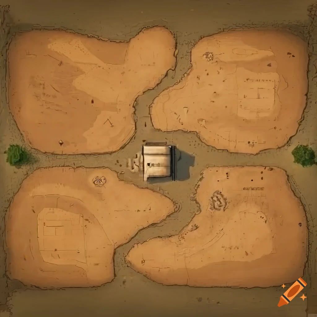 Top-down battlemap of a wheat farm with retrofuturistic vehicles on Craiyon