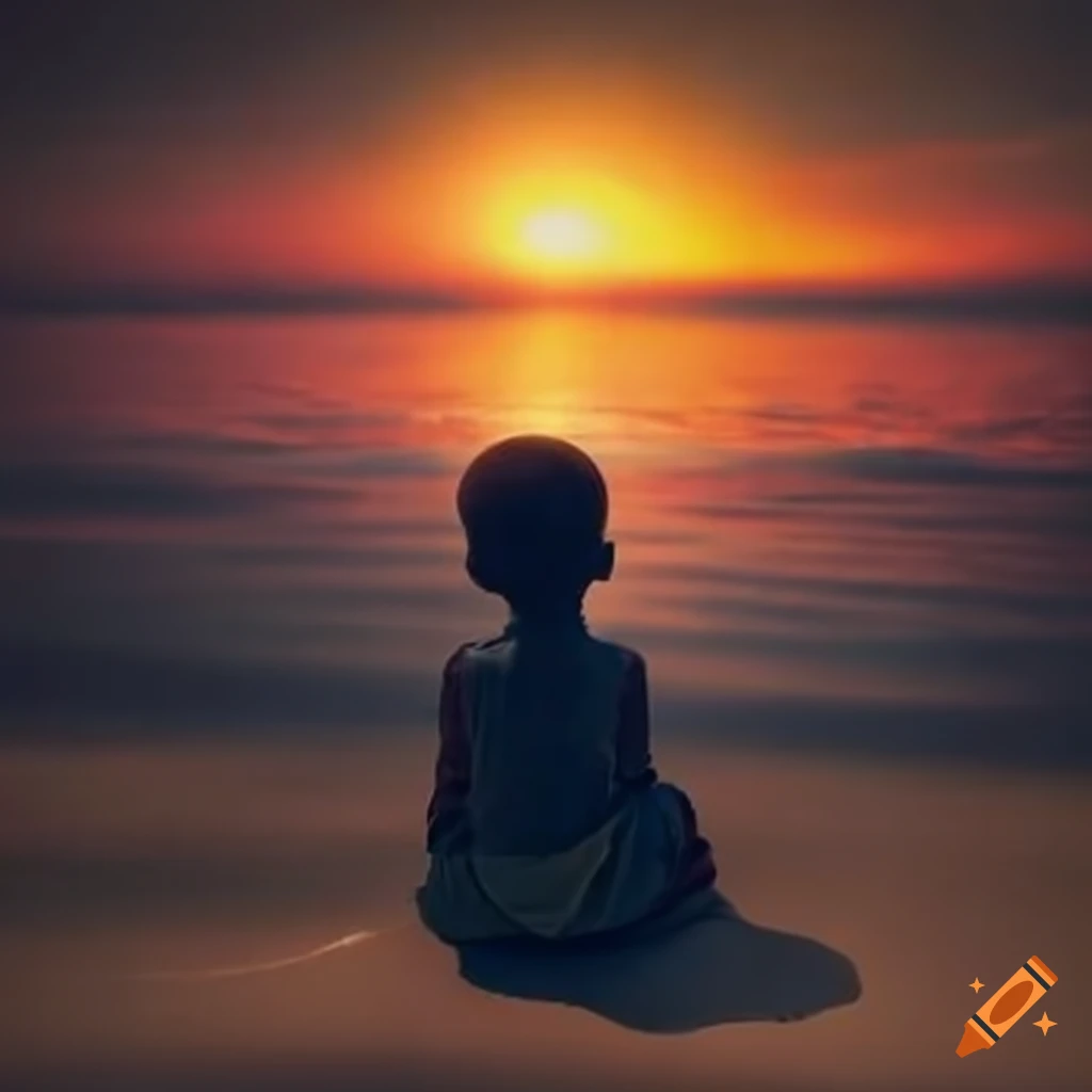 Black child sitting in front of a sunset on Craiyon