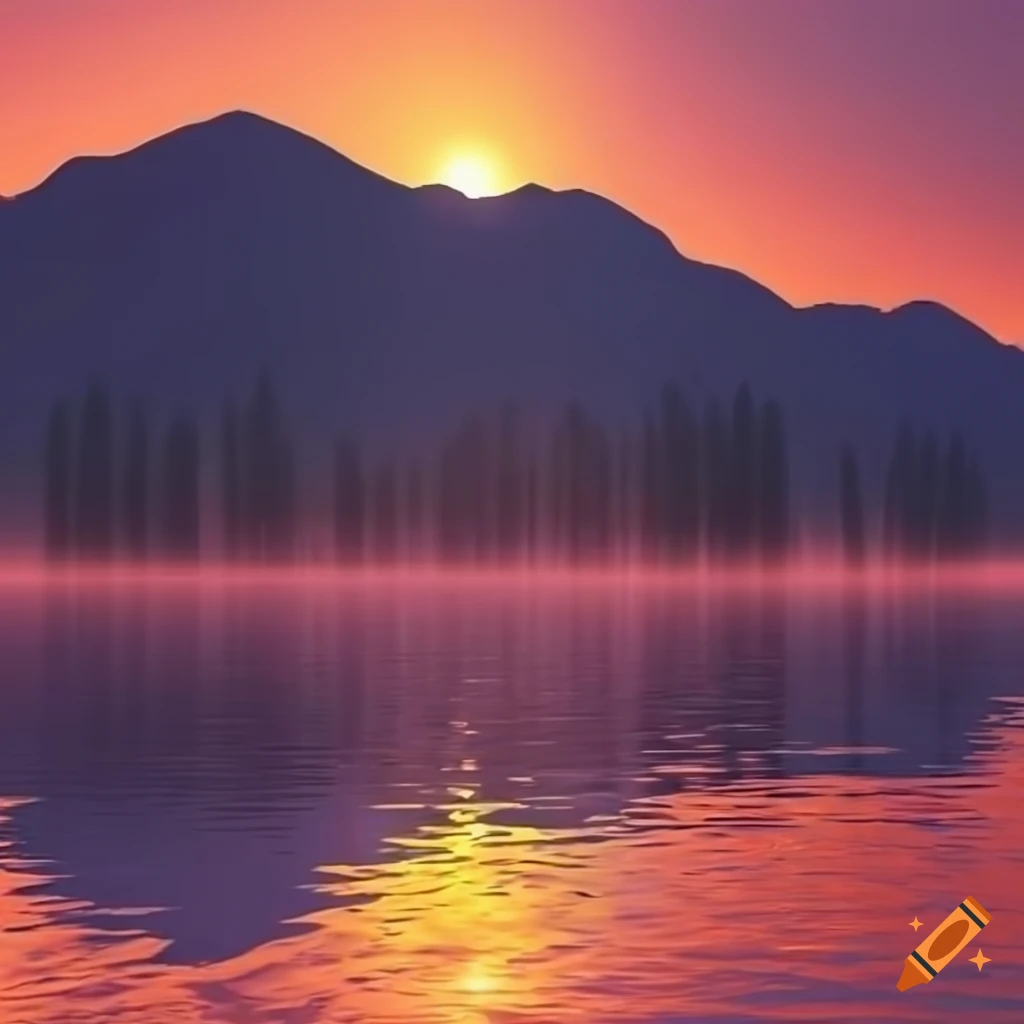 Breathtaking mountain lake at sunset with sun's rays reflecting on the ...