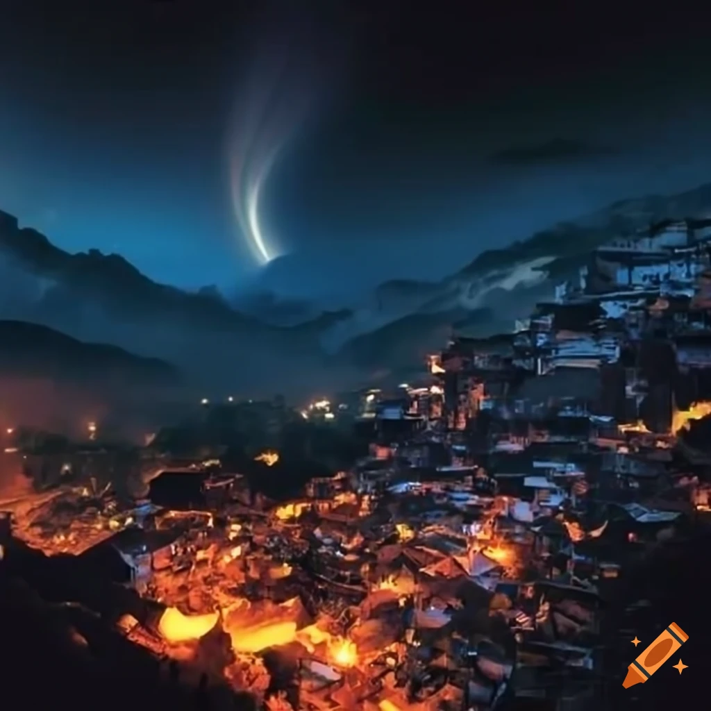 Nighttime view of mountain slum area on Craiyon