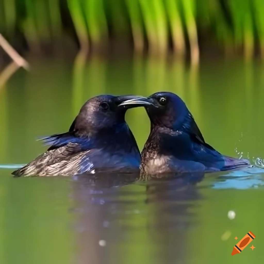 Pair of ravens bathing in a natural lake setting on Craiyon