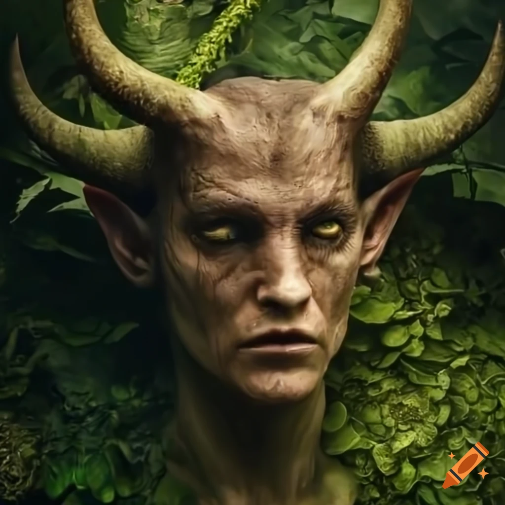 Horned half-man creature surrounded by vegetation in a surreal scene on ...