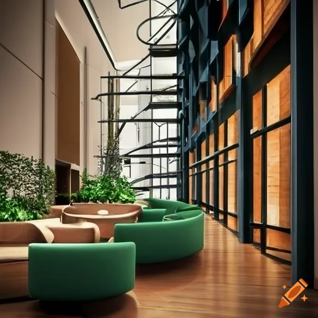 Commercial building lobby with biophilia elements and curved seating on ...